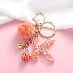 OKAICEN Orange Resin Alphabet Initial Letter Keychain Key Ring for Women Grils Purse Handbags with Fur Ball Pom('K')