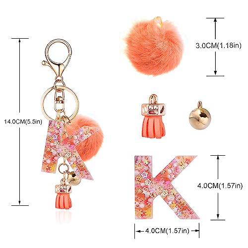 OKAICEN Orange Resin Alphabet Initial Letter Keychain Key Ring for Women Grils Purse Handbags with Fur Ball Pom('K')