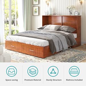 BALUS Murphy Bed Cabinet with Mattress,Modern Muti-Functional Cube Cabinet Bed with USB Charging Station&2 Large Drawers&3 Level Folding Foam Mattress for Living Room/Apartment/Loft,Queen, Redwood