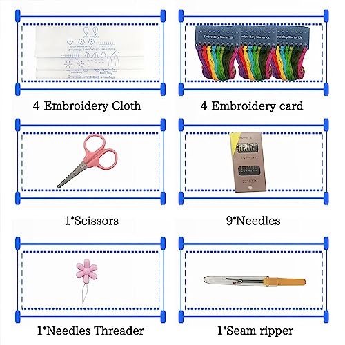 YIZUNNU 4 Set Beginners Embroidery Kit, Starters Cross Stitch Kits for Adults Kids DIY Craft 4 Pcs Embroidery Pattern with Embroidery Cloth, Hoop, Color Threads, Scissors, Tools & Instruction