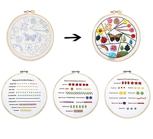 YIZUNNU 4 Set Beginners Embroidery Kit, Starters Cross Stitch Kits for Adults Kids DIY Craft 4 Pcs Embroidery Pattern with Embroidery Cloth, Hoop, Color Threads, Scissors, Tools & Instruction