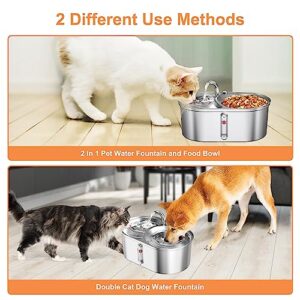 Cat Water Fountain and Food Bowl, 101oz/3L Automatic Stainless Steel Pet Water Fountain for Cats Inside, Ultra Quiet Cat Fountain Water Bowl, Pet Dog Water Dispenser with Water Level Window