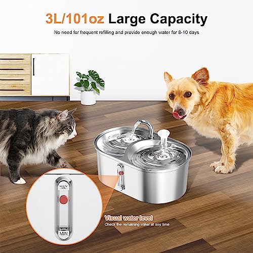 Cat Water Fountain and Food Bowl, 101oz/3L Automatic Stainless Steel Pet Water Fountain for Cats Inside, Ultra Quiet Cat Fountain Water Bowl, Pet Dog Water Dispenser with Water Level Window