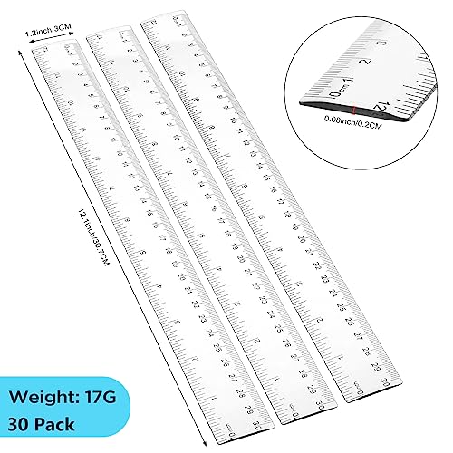 30 Pcs 12 Inch Ruler Bulk Plastic Flexible Rulers with Inches and Centimeters Kids Ruler Straight Measuring Drafting Tools for School Education Families Kids Students (Clear,Plastic)