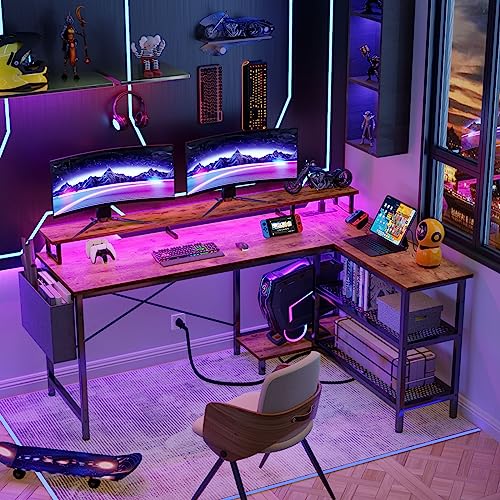 Furologee L Shaped Computer Desk with LED Lights & Power Outlet, Gaming Desk with 2 Reversible Storage Shelves, Corner Desk with 50" Monitor Stand, Writing Study Table with Cloth Bag for Home Office