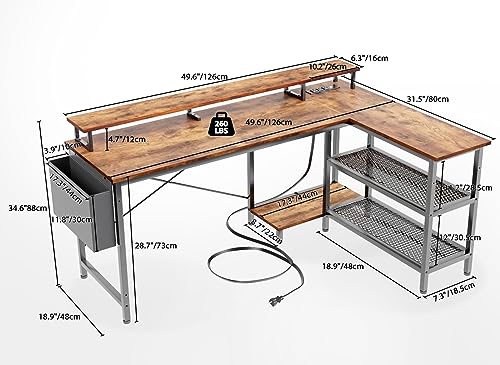 Furologee L Shaped Computer Desk with LED Lights & Power Outlet, Gaming Desk with 2 Reversible Storage Shelves, Corner Desk with 50" Monitor Stand, Writing Study Table with Cloth Bag for Home Office