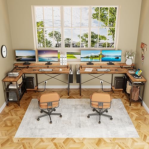 Furologee L Shaped Computer Desk with LED Lights & Power Outlet, Gaming Desk with 2 Reversible Storage Shelves, Corner Desk with 50" Monitor Stand, Writing Study Table with Cloth Bag for Home Office