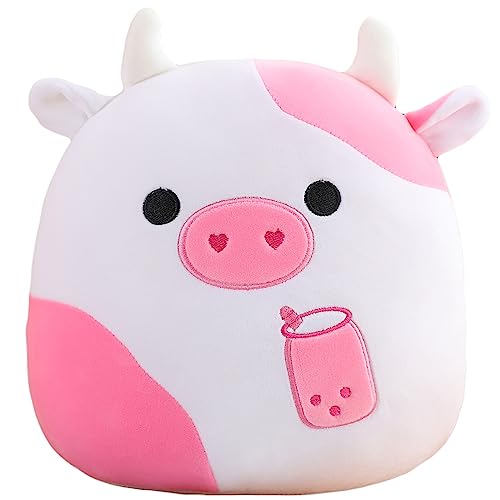 jschoclatt Cow Plush Pillow, 14" Cow Stuffed Animal Toy Kawaii Cow Plushie Hugging Pillow Gifts for Kids Birthday Girls Boys Valentines Day (Pink Boba Cow)