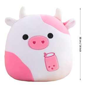 jschoclatt Cow Plush Pillow, 14" Cow Stuffed Animal Toy Kawaii Cow Plushie Hugging Pillow Gifts for Kids Birthday Girls Boys Valentines Day (Pink Boba Cow)