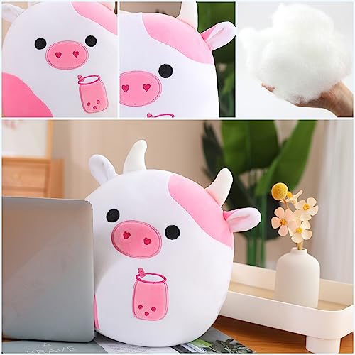 jschoclatt Cow Plush Pillow, 14" Cow Stuffed Animal Toy Kawaii Cow Plushie Hugging Pillow Gifts for Kids Birthday Girls Boys Valentines Day (Pink Boba Cow)