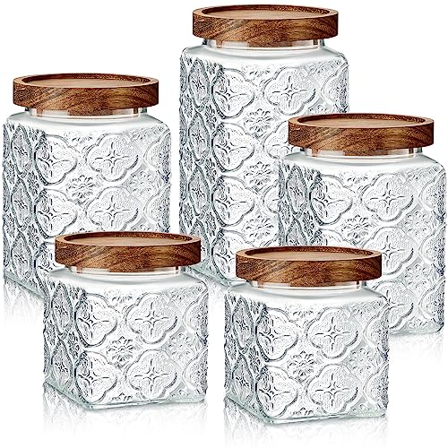 Gerrii 5 Pcs Vintage Glass Food Storage Containers 17/24/34 oz Glass Jar with Lid Begonia Pattern Glass Airtight Candy Jar Food Jars Canisters for Kitchen Counter Pantry Coffee Tea Beans (Square)