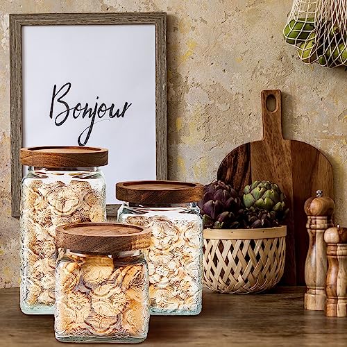 Gerrii 5 Pcs Vintage Glass Food Storage Containers 17/24/34 oz Glass Jar with Lid Begonia Pattern Glass Airtight Candy Jar Food Jars Canisters for Kitchen Counter Pantry Coffee Tea Beans (Square)