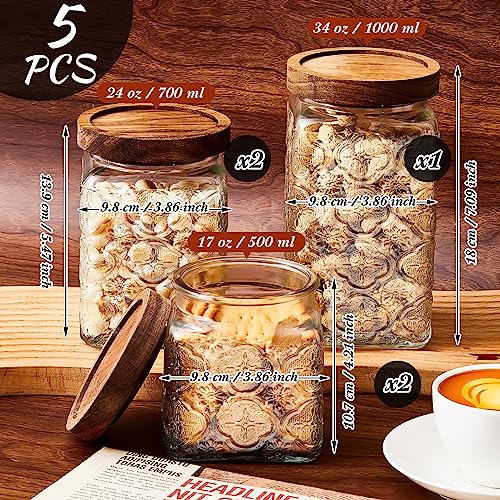 Gerrii 5 Pcs Vintage Glass Food Storage Containers 17/24/34 oz Glass Jar with Lid Begonia Pattern Glass Airtight Candy Jar Food Jars Canisters for Kitchen Counter Pantry Coffee Tea Beans (Square)