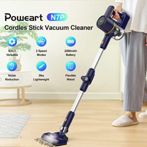 POWEART Cordless Vacuum Cleaner, 6-in-1 Powerful Cordless Stick Vacuum, 210W Vacuum Cordless Rechargeable with 6-Cell 2200mAh Battery, Cordless Vacuum Cleaners for Home Pets Floor - Bendable