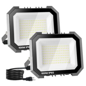 leddictive 2 pack led flood lights outdoor, 100w 10000lm super bright floodlight outside work light with 5.9ft plug, ip65 waterproof 6000k outdoor led flood light for garage, yard, lawn, garden