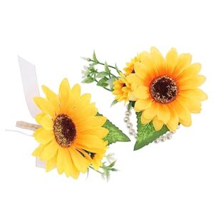 artibetter 2pcs corsage wrist flower bracelets for man prom hair accessories men gifts stocking stuffers sunflower wristlet band bracelet sunflower brooch corsage bride brooch wedding corsage