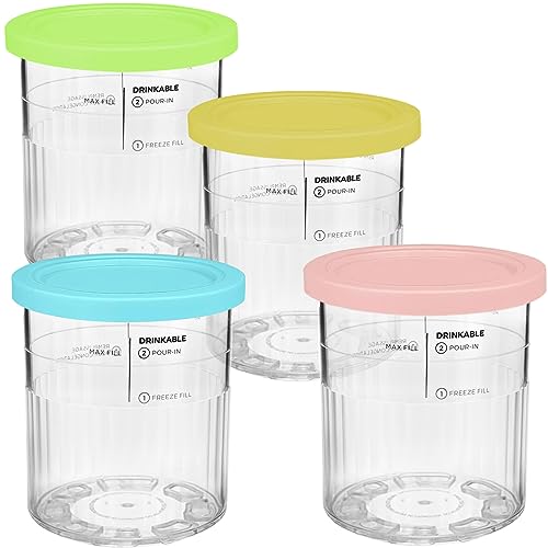 WHSSFINE Ice Cream Containers Replacement Pints and Lids 24oz for Ninja Creami Deluxe Compatible with NC500, NC501 Series Leakproof Pack of 4 Blue Yellow Pink Green