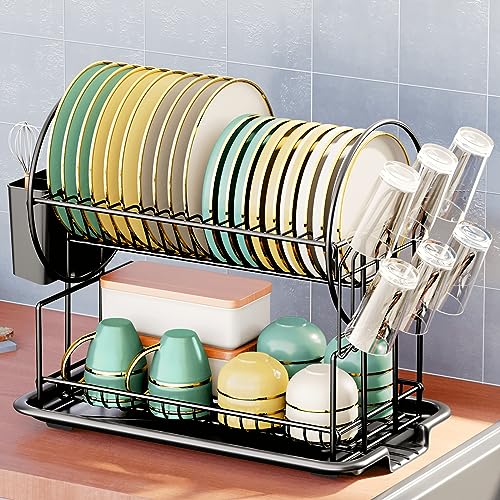 DUANFEE Dish Drying Rack Dish Racks for Kitchen Counter, Dish Drainer with Removable Utensil Holder & Cups Holder, 2 Tier Dish Drying Rack with Drip Tray for Small Kitchen Sink Drying Rack (Black)