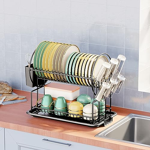 DUANFEE Dish Drying Rack Dish Racks for Kitchen Counter, Dish Drainer with Removable Utensil Holder & Cups Holder, 2 Tier Dish Drying Rack with Drip Tray for Small Kitchen Sink Drying Rack (Black)