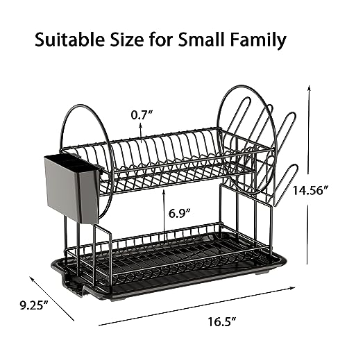 DUANFEE Dish Drying Rack Dish Racks for Kitchen Counter, Dish Drainer with Removable Utensil Holder & Cups Holder, 2 Tier Dish Drying Rack with Drip Tray for Small Kitchen Sink Drying Rack (Black)