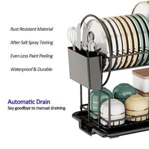 DUANFEE Dish Drying Rack Dish Racks for Kitchen Counter, Dish Drainer with Removable Utensil Holder & Cups Holder, 2 Tier Dish Drying Rack with Drip Tray for Small Kitchen Sink Drying Rack (Black)