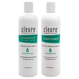 cleure hypoallergenic volumizing shampoo & hydrating conditioner haircare set for sensitive skin - fragrance free, sls free & paraben free (12 oz each, pack of 2)