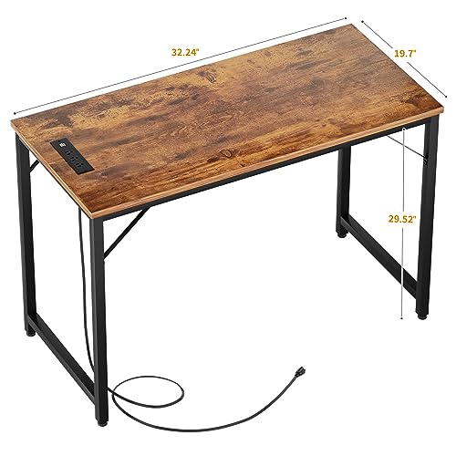 iSunirm Small Computer Desk with Magic Power Outlets and USB Charging Ports, 32 Inch Office Desk for Small Spaces, Simple Laptop Study Writing Table, Modern Sturdy Gaming Desk, Rustic Brown, 2 Pack