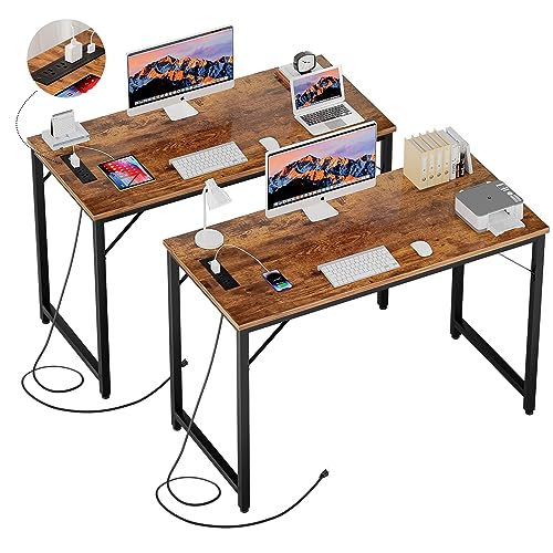 iSunirm Small Computer Desk with Magic Power Outlets and USB Charging Ports, 32 Inch Office Desk for Small Spaces, Simple Laptop Study Writing Table, Modern Sturdy Gaming Desk, Rustic Brown, 2 Pack