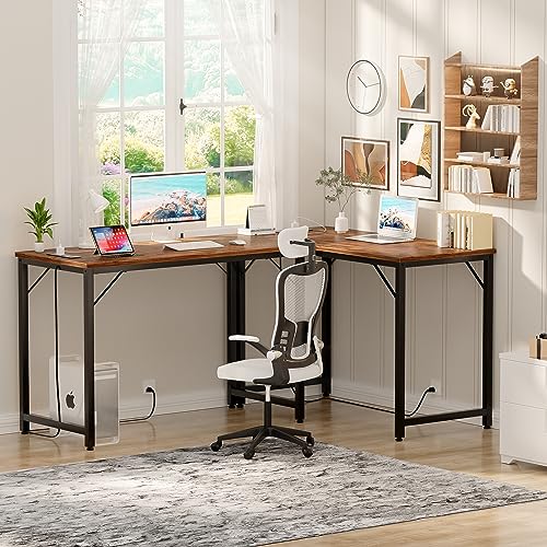 iSunirm Small Computer Desk with Magic Power Outlets and USB Charging Ports, 32 Inch Office Desk for Small Spaces, Simple Laptop Study Writing Table, Modern Sturdy Gaming Desk, Rustic Brown, 2 Pack