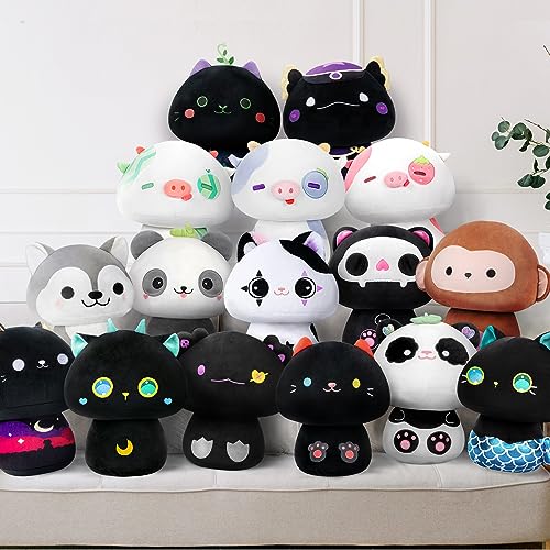 Mewaii 8 Inch Mushroom Plush, Cute Cat Plush Pillow Soft Plushies Squishy Pillow, Black Cat Stuffed Animals, Kawaii Cow Plush Toys Home Decoration Gift for Girls Boys