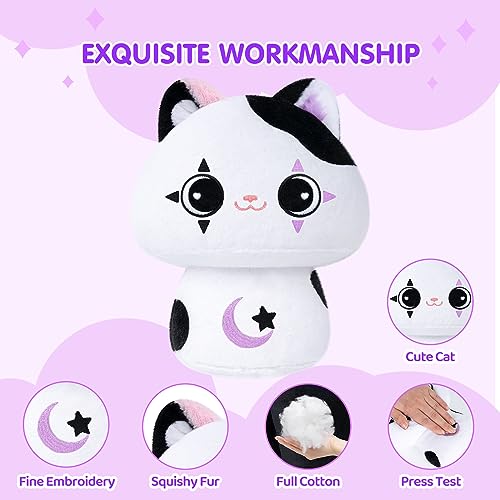 Mewaii 8 Inch Mushroom Plush, Cute Cat Plush Pillow Soft Plushies Squishy Pillow, Black Cat Stuffed Animals, Kawaii Cow Plush Toys Home Decoration Gift for Girls Boys