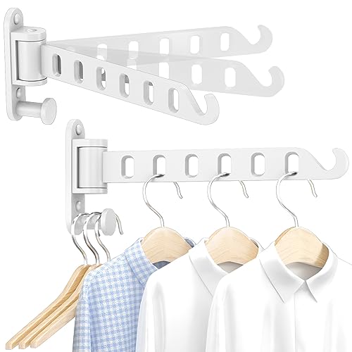 NUTSAAKK 2 Pack Folding Wall Mounted Clothes Hanger Rack with Swing Arm, Laundry Room Clothes Hanger Wall Mounted, Clothes Drying Rack with 6 Holes, 180°Rotation, Solid Aluminum (White)