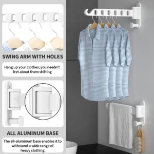 NUTSAAKK 2 Pack Folding Wall Mounted Clothes Hanger Rack with Swing Arm, Laundry Room Clothes Hanger Wall Mounted, Clothes Drying Rack with 6 Holes, 180°Rotation, Solid Aluminum (White)