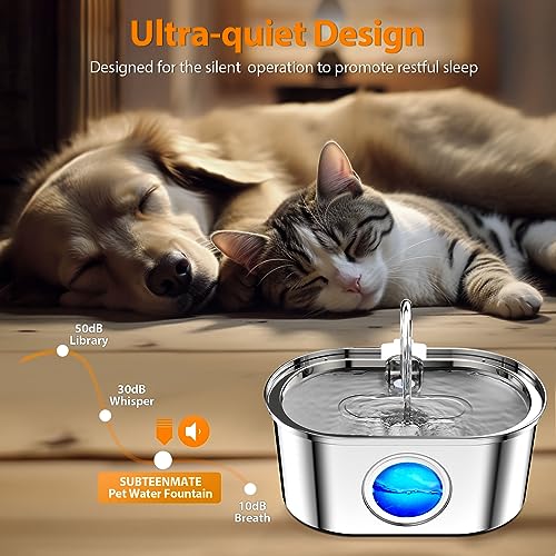 subteenmate Cat Water Fountain with Water Levels Window, 3.2L/108oz, Pet Water Fountain Stainless Steel Dog Water Dispenser, Ultra-Quiet Pump, Water Fountain for Cats Inside 3 Replacement Filters