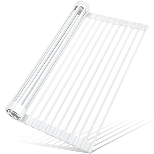 MERRYBOX Roll Up Dish Drying Rack, Silicone Wrapped Over The Sink Dish Rack Foldable Dish Drainer Anti-Slip Dish Racks for Kitchen Counter, Multipurpose Kitchen Sink Drying Rack, 17" x 13", White