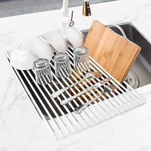 MERRYBOX Roll Up Dish Drying Rack, Silicone Wrapped Over The Sink Dish Rack Foldable Dish Drainer Anti-Slip Dish Racks for Kitchen Counter, Multipurpose Kitchen Sink Drying Rack, 17" x 13", White