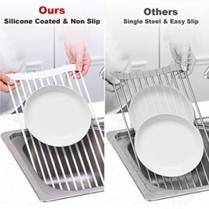 MERRYBOX Roll Up Dish Drying Rack, Silicone Wrapped Over The Sink Dish Rack Foldable Dish Drainer Anti-Slip Dish Racks for Kitchen Counter, Multipurpose Kitchen Sink Drying Rack, 17" x 13", White