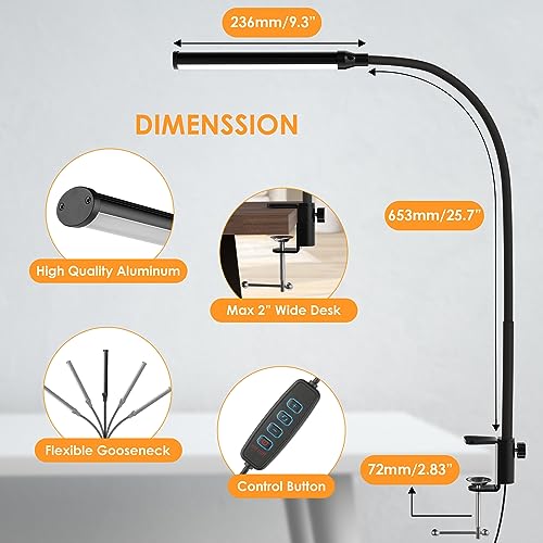 ShineTech LED Desk Lamp for Home Office, Eye-Caring Desk Light with Clamp, 3 Colors Stepless Brightness Adjustable Flexible Gooseneck, USB Adapter Architect Task Lamps for College Dorm Room, Black