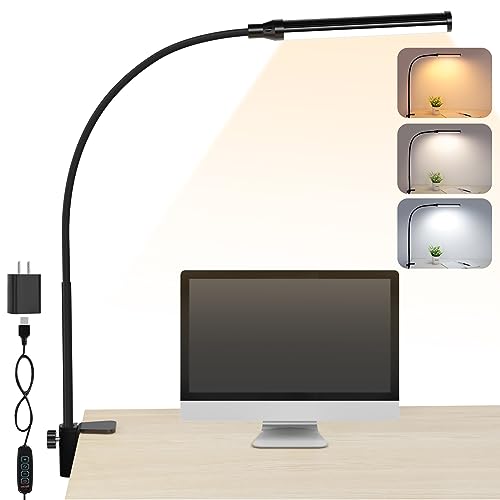 ShineTech LED Desk Lamp for Home Office, Eye-Caring Desk Light with Clamp, 3 Colors Stepless Brightness Adjustable Flexible Gooseneck, USB Adapter Architect Task Lamps for College Dorm Room, Black