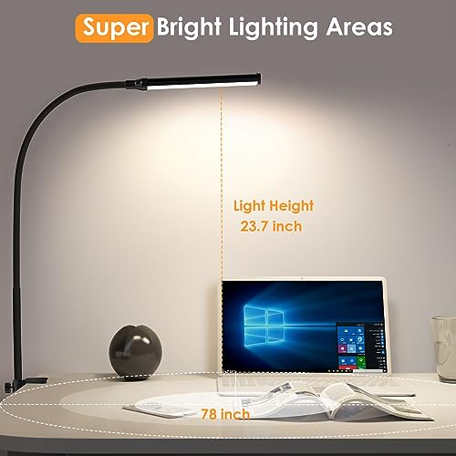 ShineTech LED Desk Lamp for Home Office, Eye-Caring Desk Light with Clamp, 3 Colors Stepless Brightness Adjustable Flexible Gooseneck, USB Adapter Architect Task Lamps for College Dorm Room, Black