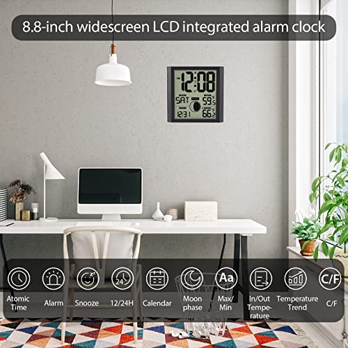 Wall Clock- Atomic Clock with Indoor Outdoor Temperature Digital Wall Clock Large Display Silent, Battery Operated Wall Clock for Bedroom Seniors Desk Living Room Office Bathroom Kitchen Shower Decor