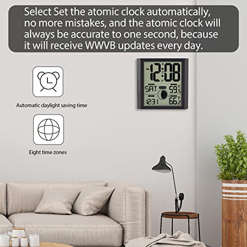 Wall Clock- Atomic Clock with Indoor Outdoor Temperature Digital Wall Clock Large Display Silent, Battery Operated Wall Clock for Bedroom Seniors Desk Living Room Office Bathroom Kitchen Shower Decor