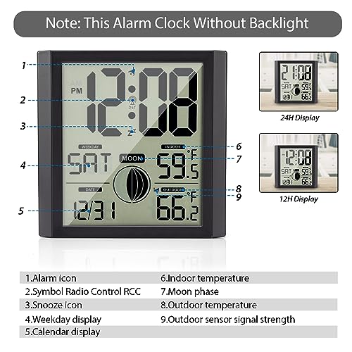 Wall Clock- Atomic Clock with Indoor Outdoor Temperature Digital Wall Clock Large Display Silent, Battery Operated Wall Clock for Bedroom Seniors Desk Living Room Office Bathroom Kitchen Shower Decor