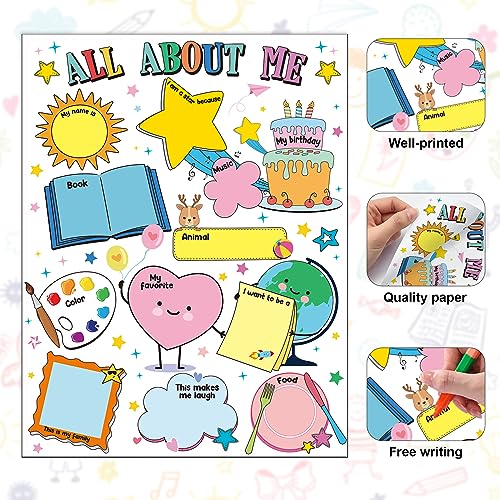 30 Pcs All About Me Coloring Posters Pack,Colorful Star Student Poster First Day of School Fill in Poster Ideas Project Chart for Preschool Elementary Kindergarten Craft Classroom Activities Supply (Colorful)