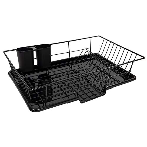 Sweet Home Collection Space-Saving 3-Piece Dish Drainer Rack Set: Efficient Kitchen Organizer for Quick Drying and Storage - Includes Cutlery Holder and Drainboard - Maximize Countertop Space, Black