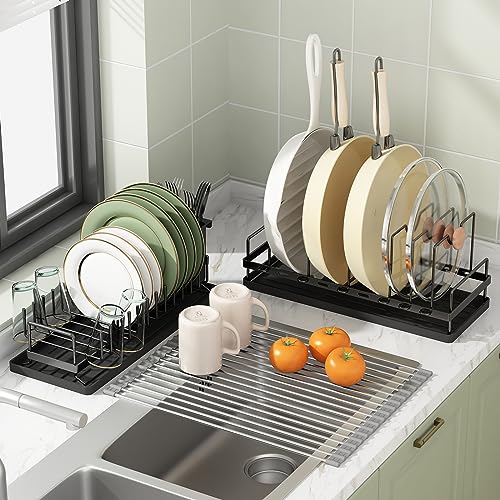 GILLAS 3 Pack Dish Drying Rack & Pot and Pan Organizer & Over The Sink Roll up Dish Drying Rack, 3 in 1 Roll-Up Dish Plates Rack Holder for Kitchen Sink, for Dishes, Knives, Spoons, and Forks, Black