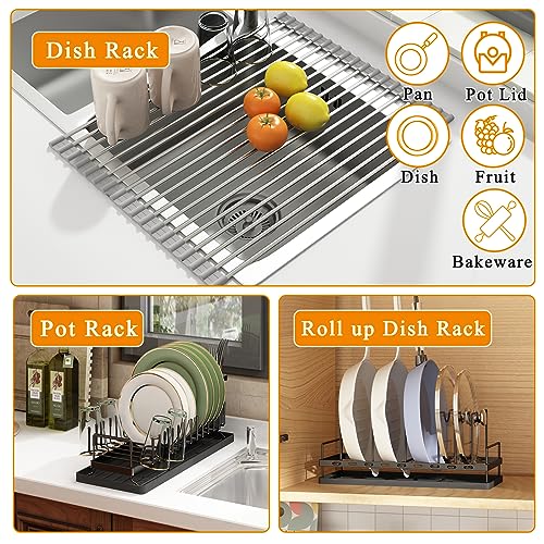 GILLAS 3 Pack Dish Drying Rack & Pot and Pan Organizer & Over The Sink Roll up Dish Drying Rack, 3 in 1 Roll-Up Dish Plates Rack Holder for Kitchen Sink, for Dishes, Knives, Spoons, and Forks, Black