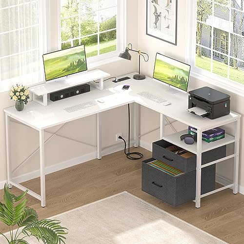 Homieasy L Shaped Computer Desk with Storage File Drawer, Reversible Home Office Desk with Recessed Power Strip and Led Strip, Corner Gaming Desk Work Study Table with Monitor Stand, White