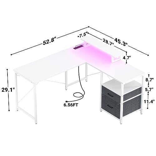 Homieasy L Shaped Computer Desk with Storage File Drawer, Reversible Home Office Desk with Recessed Power Strip and Led Strip, Corner Gaming Desk Work Study Table with Monitor Stand, White