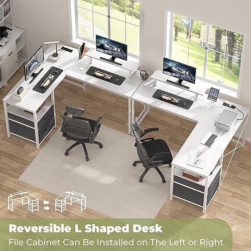 Homieasy L Shaped Computer Desk with Storage File Drawer, Reversible Home Office Desk with Recessed Power Strip and Led Strip, Corner Gaming Desk Work Study Table with Monitor Stand, White